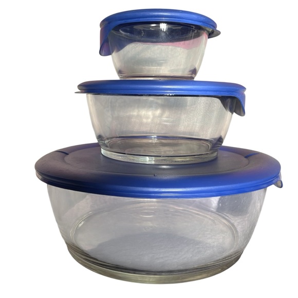 Pyrex | Kitchen | Pyrex Round Clear Glass Nesting Cookware Bowls Blue ...